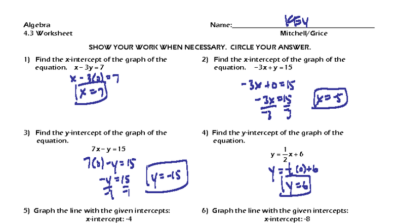 Algebra 4.3 Worksheet: Graphing Equations and Intercepts - Studocu