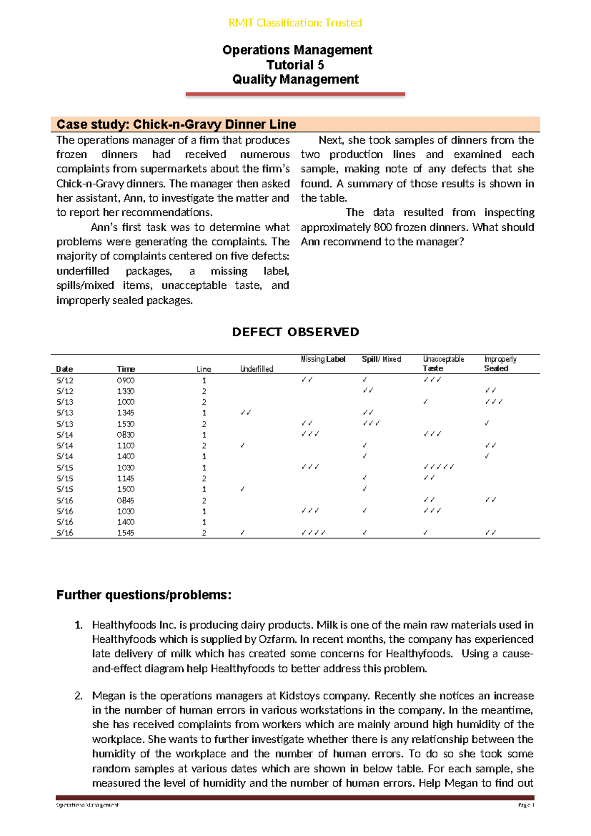 Operations Management W4 - RMIT Classification: Trusted Operations Management Tutorial 5 Quality ...