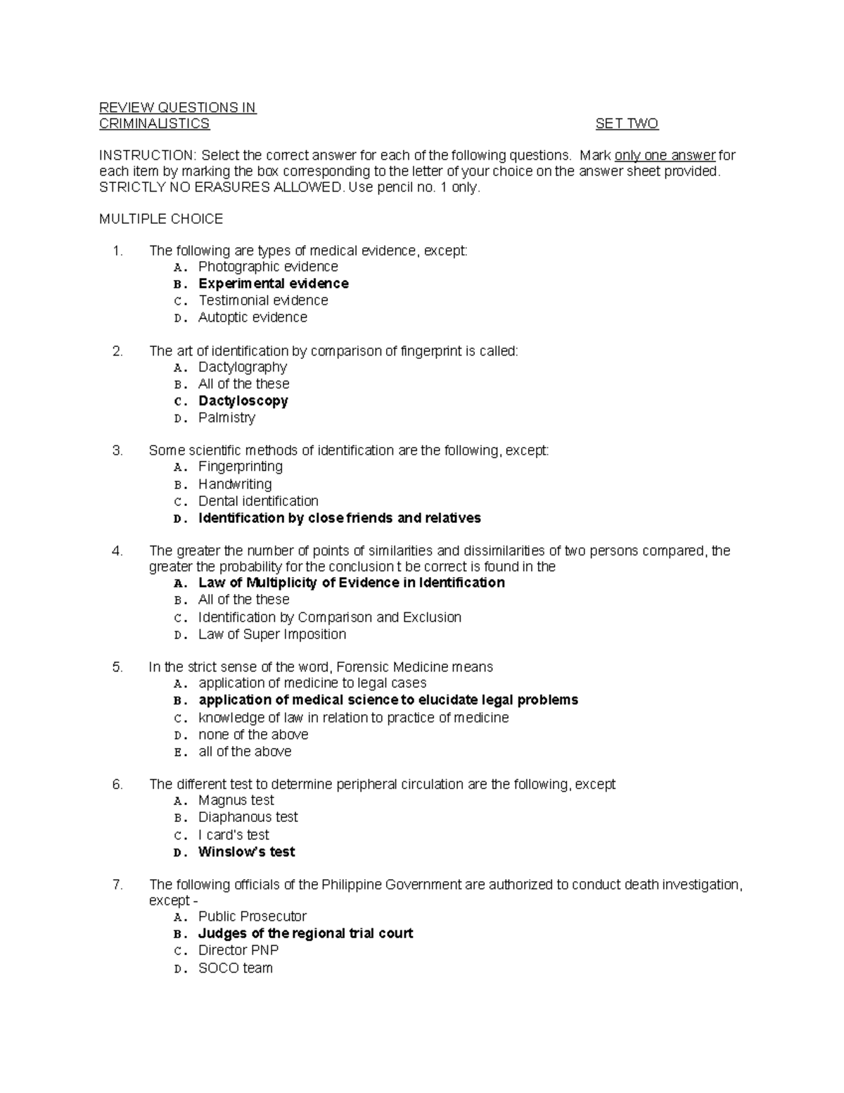 REVIEW QUESTIONS IN CRIMINALISTICS SET TWO: ANSWERS INCLUDED - Studocu