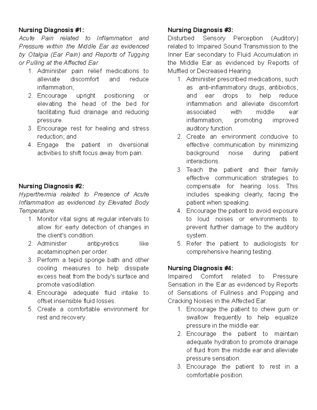 Nursing Diagnoses and Interventions for Otitis Media Care Plan - Studocu