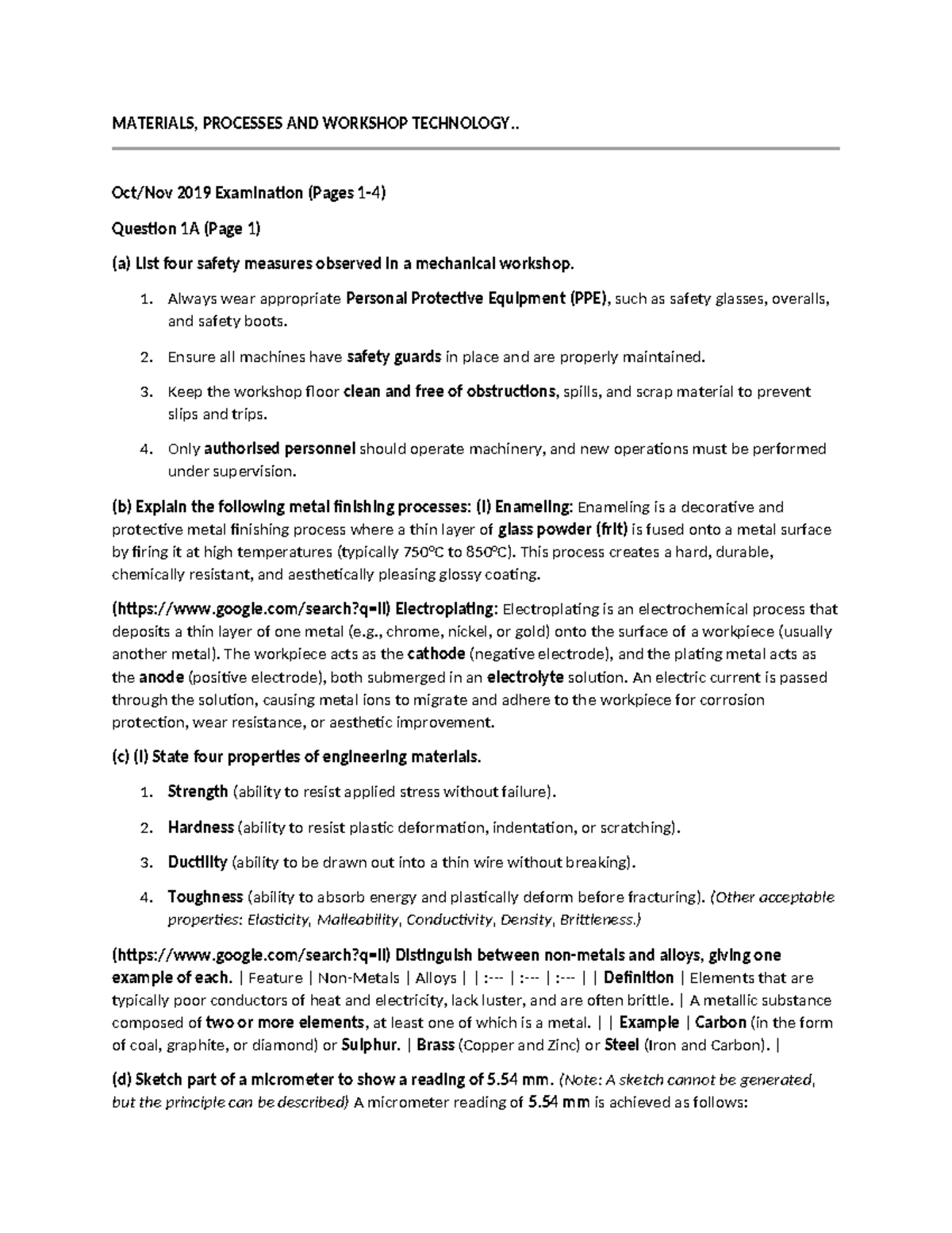 MATERIALS, PROCESSES AND WORKSHOP TECHNOLOGY: 2019 Exam Q&A - Studocu