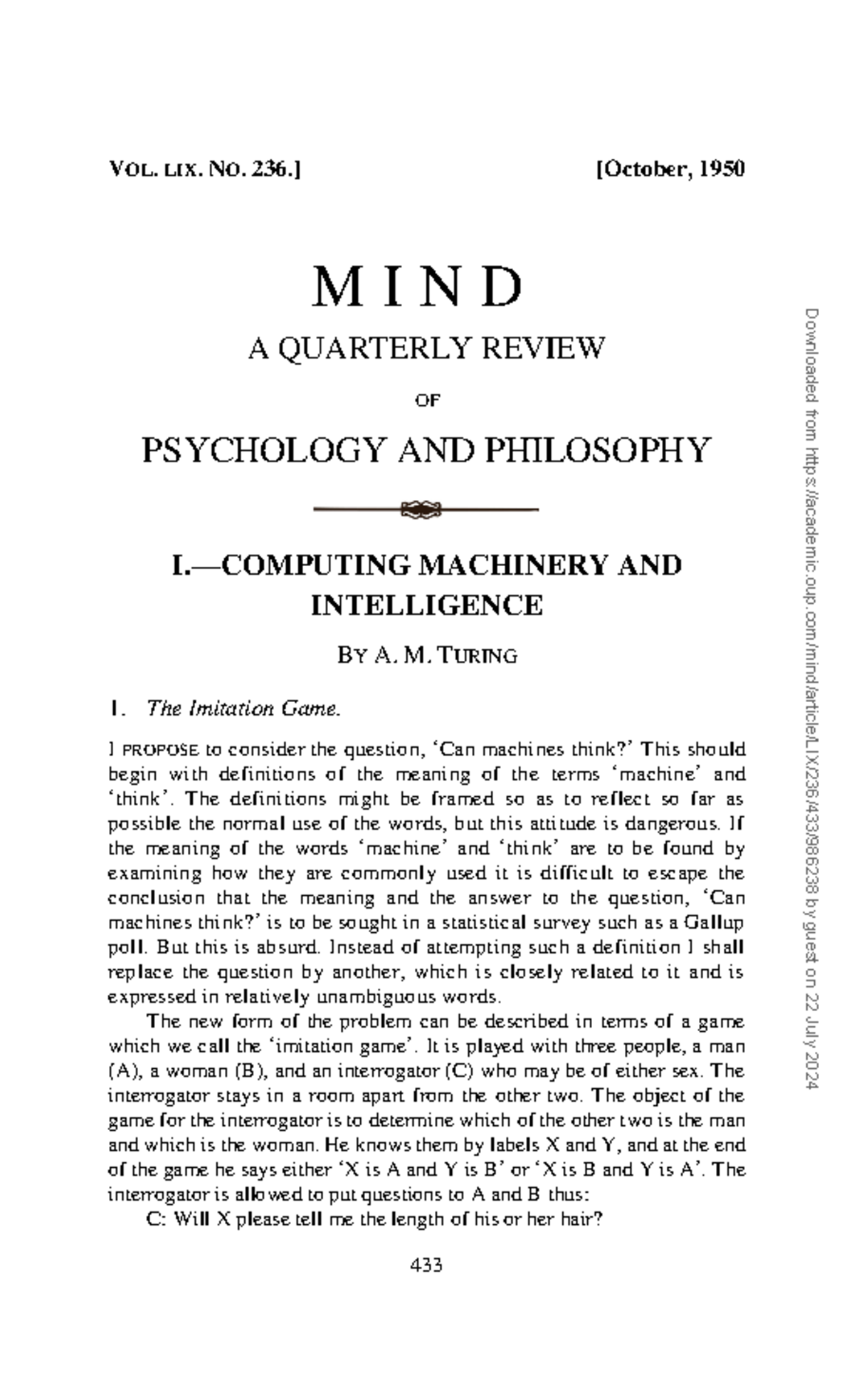 Computing Machinery and Intelligence: An Analysis by A.M. Turing - 433 ...