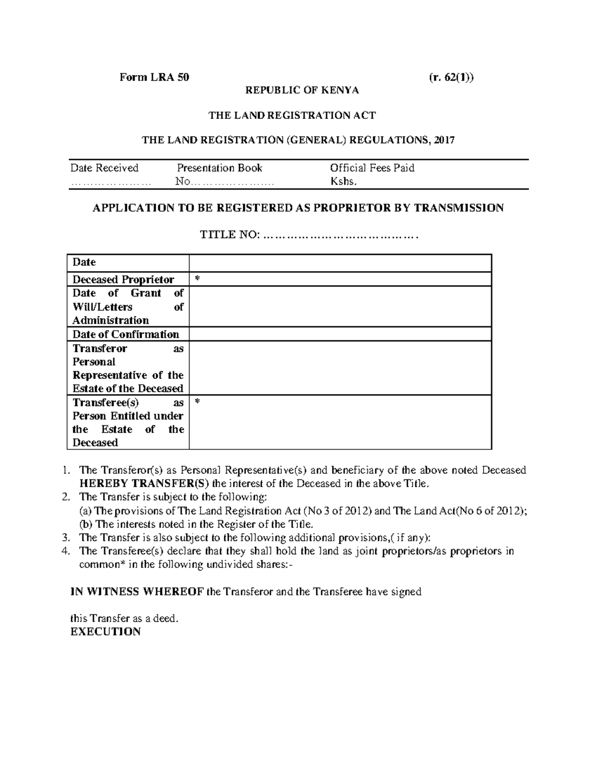 LRA-50 Registration Form for Grant Transfer in Kenya Document - Studocu