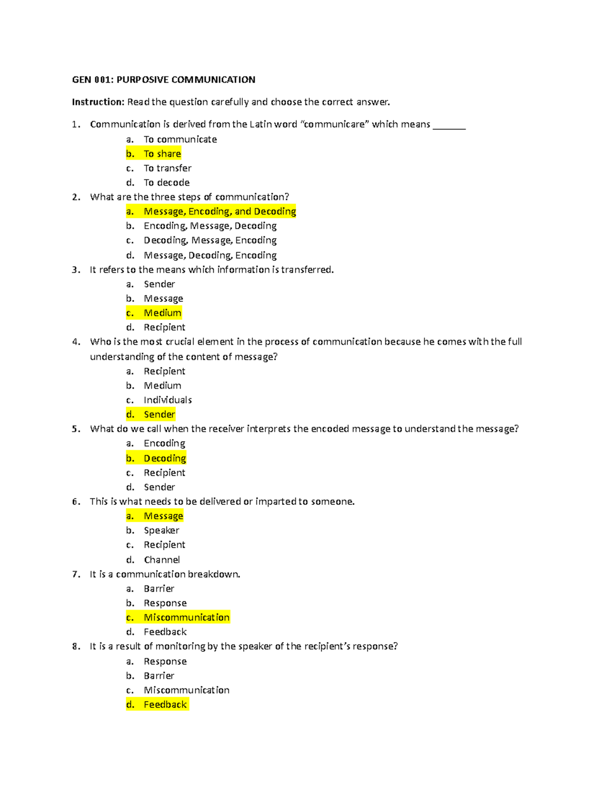 GEN 001 Purposive Communication Questionnaire & Answer Key - Studocu