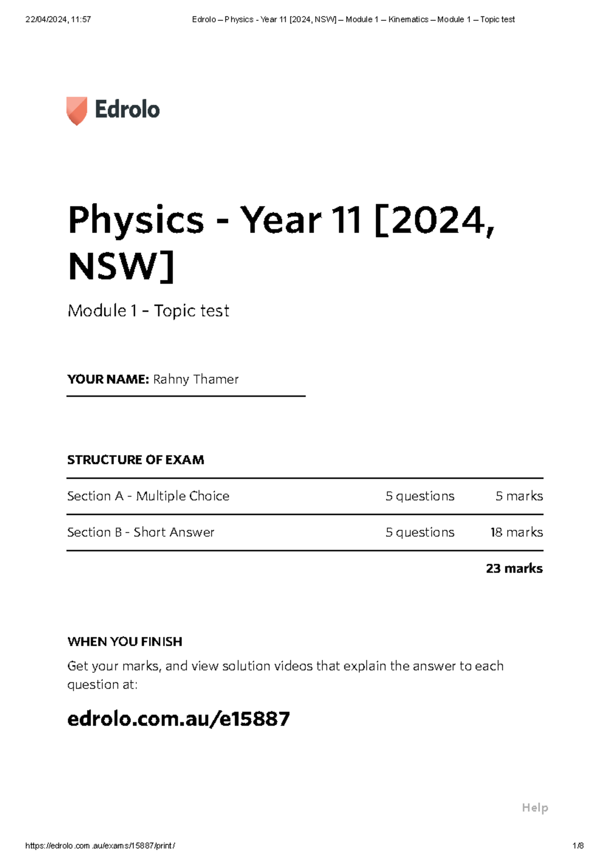 Year 11 Physics NSW: Module 1 Kinematics Topic Test [2024] - Studocu