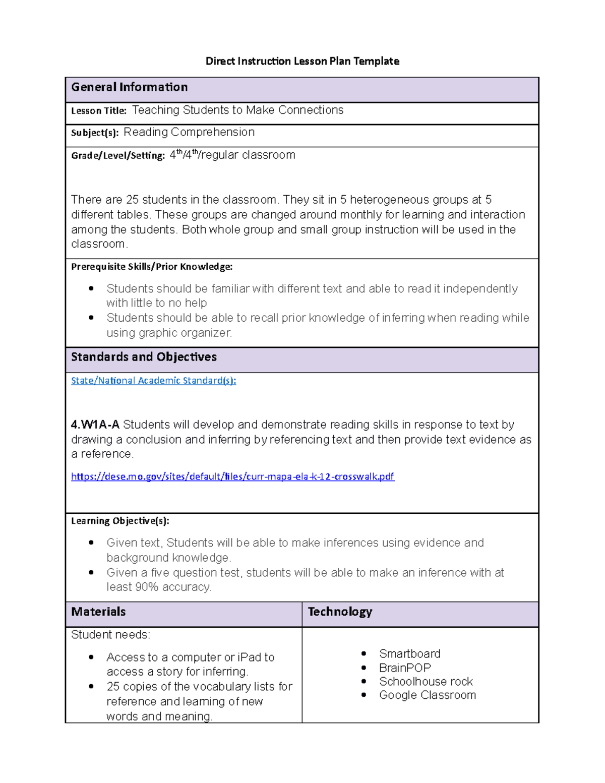 Reading Method Inferring Plan - Direct Instrucion Lesson Plan Template ...