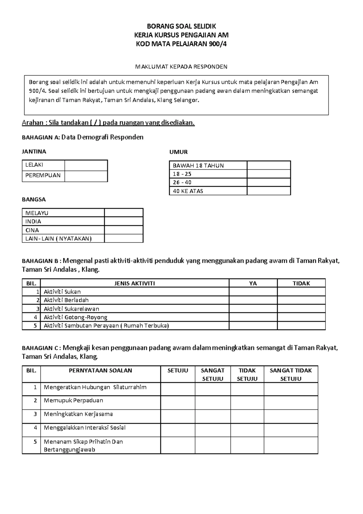 Contoh Soal Selidik - BORANG SOAL SELIDIK KERJA KURSUS PENGAJIAN AM KOD ...