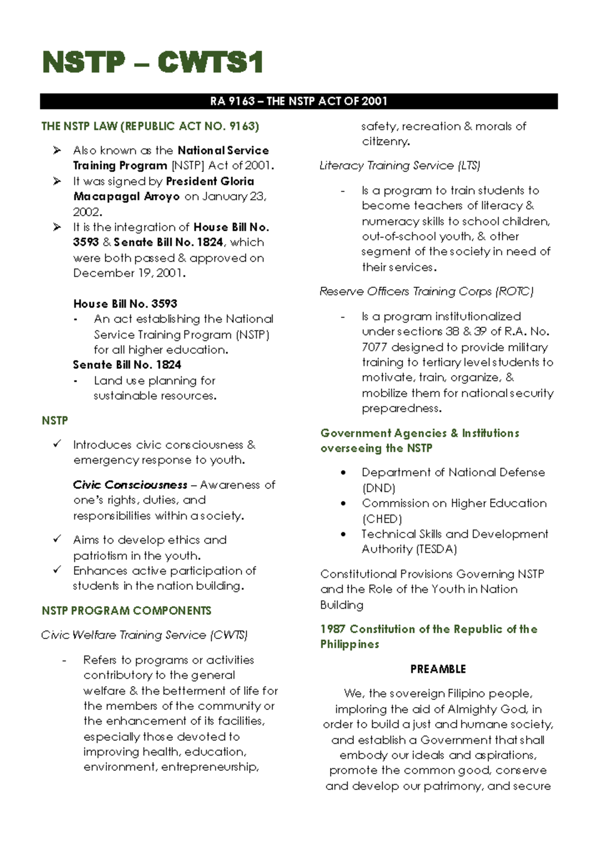 Notes - NSTP – CWTS RA 9163 – THE NSTP ACT OF 2001 THE NSTP LAW ...