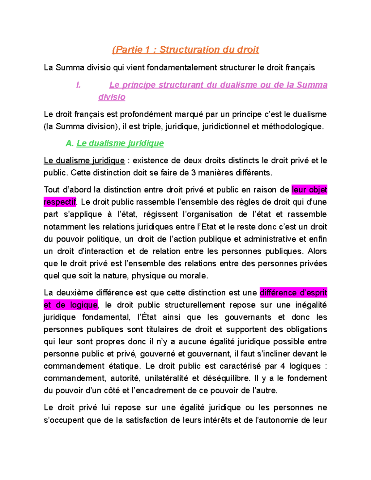 Structuration du Droit Français : Dualisme et Summa Divisio - Studocu