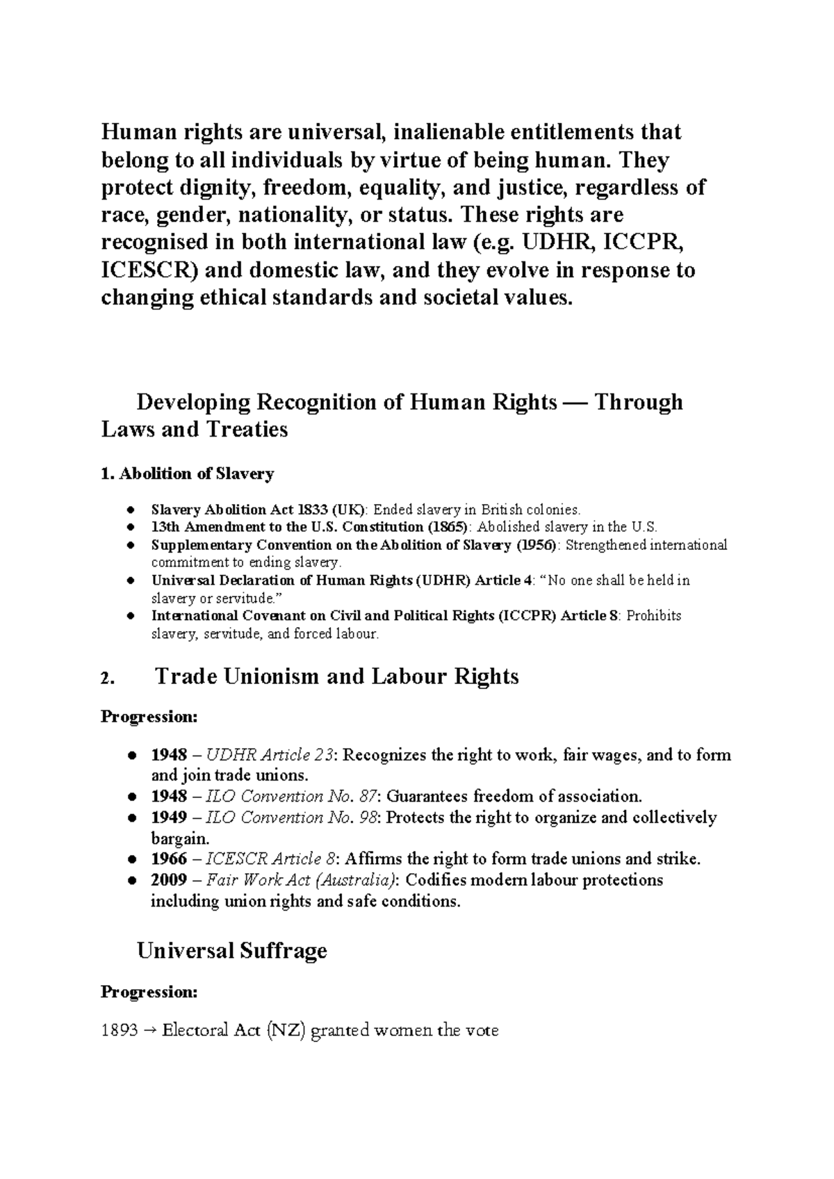 Human Rights Notes: Universal Entitlements and Legal Frameworks - Studocu