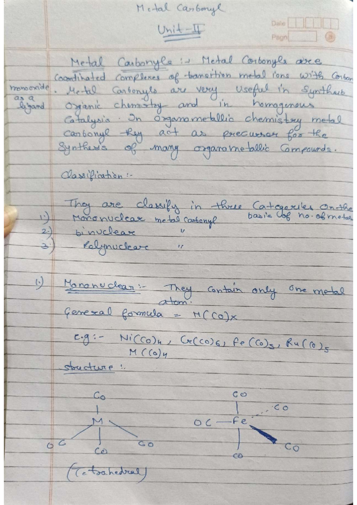 Metal Carbonyls - Inorganic Chemistry Notes (Course Code: CX 1) - Studocu
