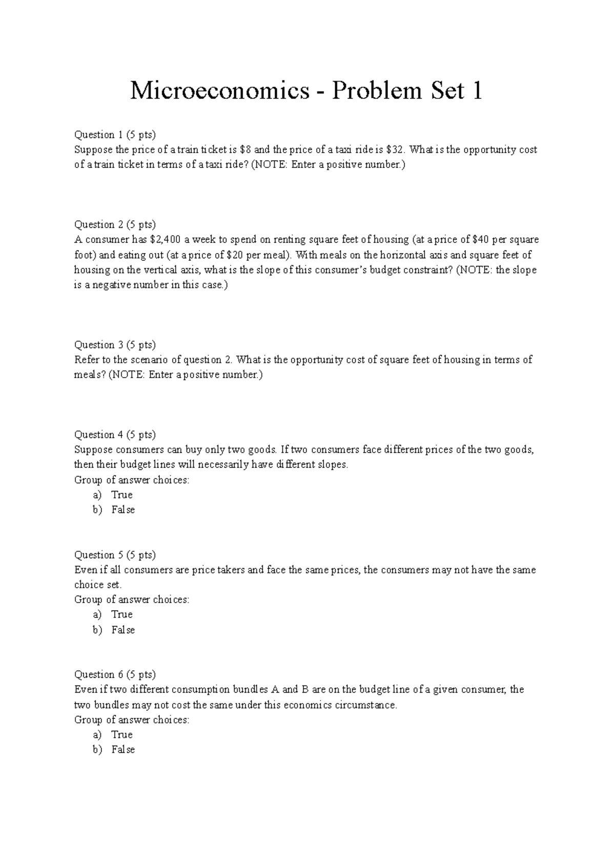 Microeconomics (ECON101) - Problem Set 1 Questions & Answers - Studocu