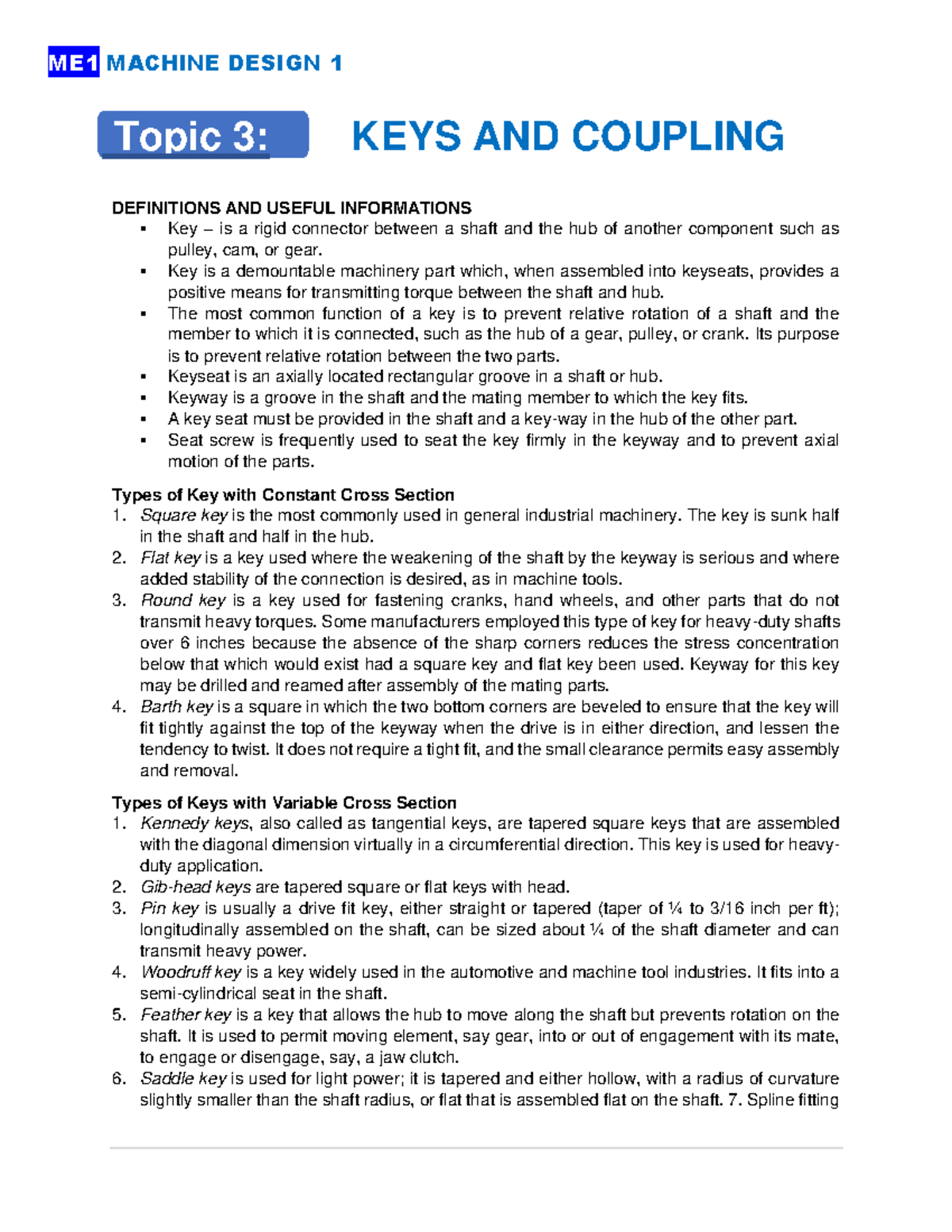 ME1 MACHINE DESIGN 1 Lecture 3: Keys and Couplings Overview - Studocu