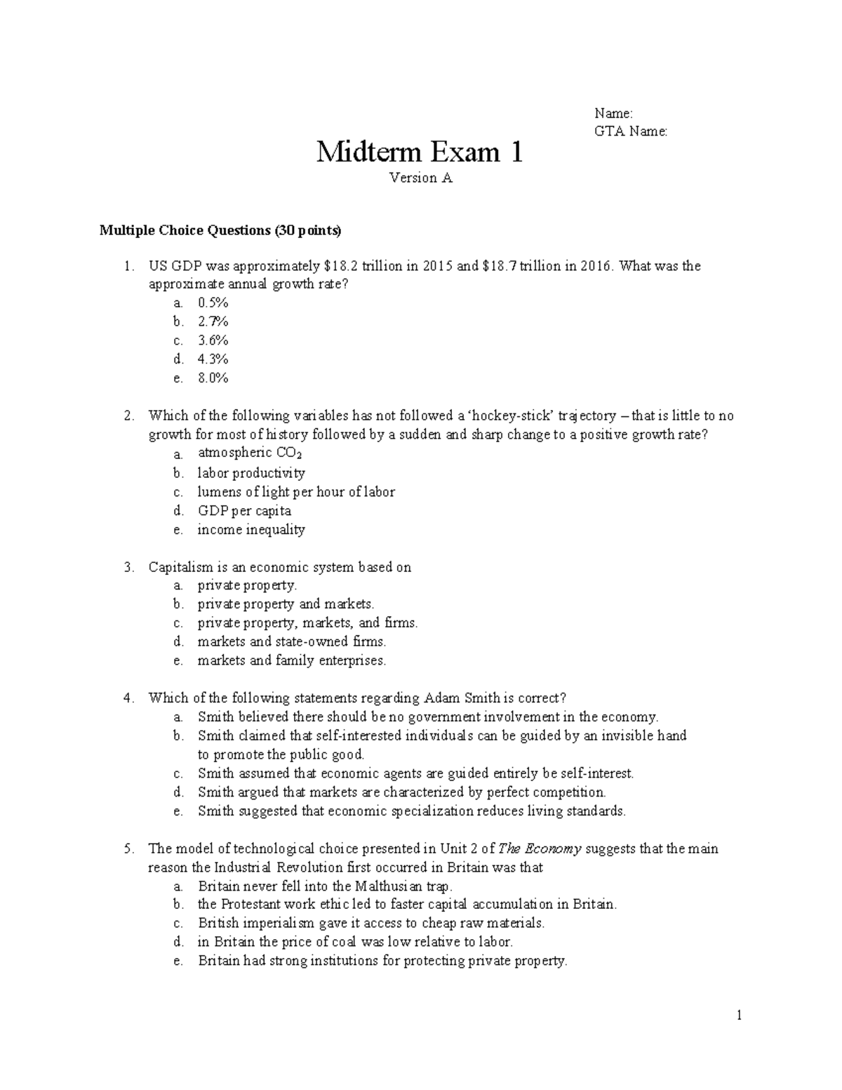 Midterm Exam 1 Questions & Answers for ECO101 - Version A - Studocu
