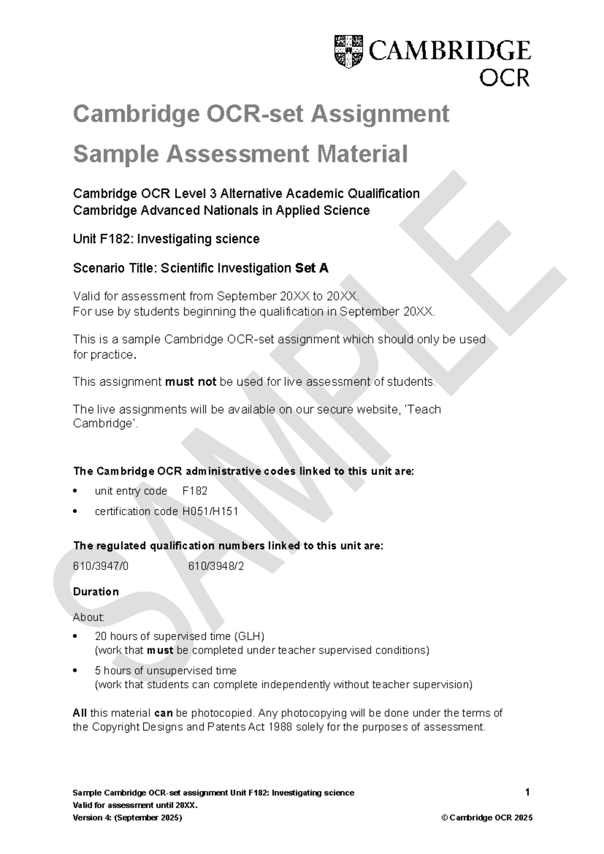 Cambridge OCR Level 3 Applied Science Unit F182: Investigating Science ...