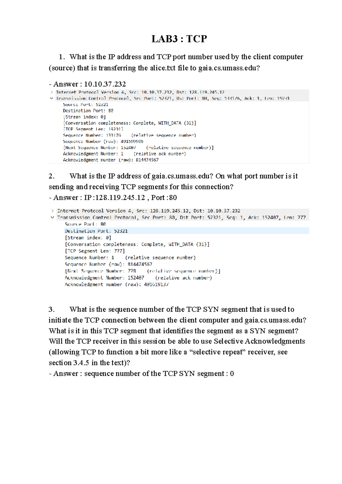 LAB3-TCP: Wireshark Analysis of TCP Connections with Insights - Studocu