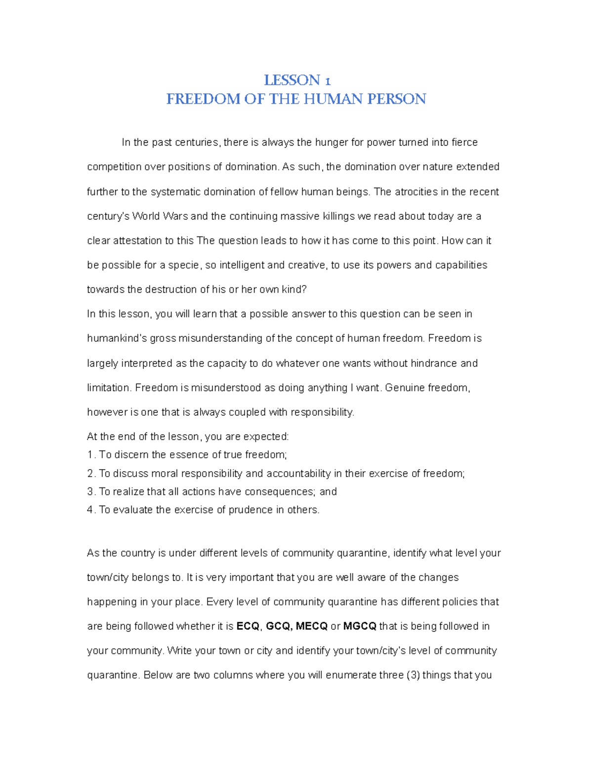 Philosophy 101 - Lesson 1: Understanding Human Freedom & Responsibility ...
