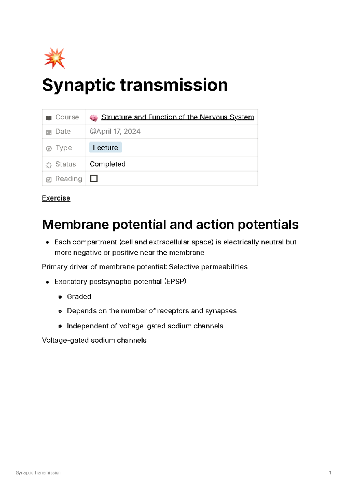 Lecture on Synaptic Transmission: Structure & Function of the Nervous ...