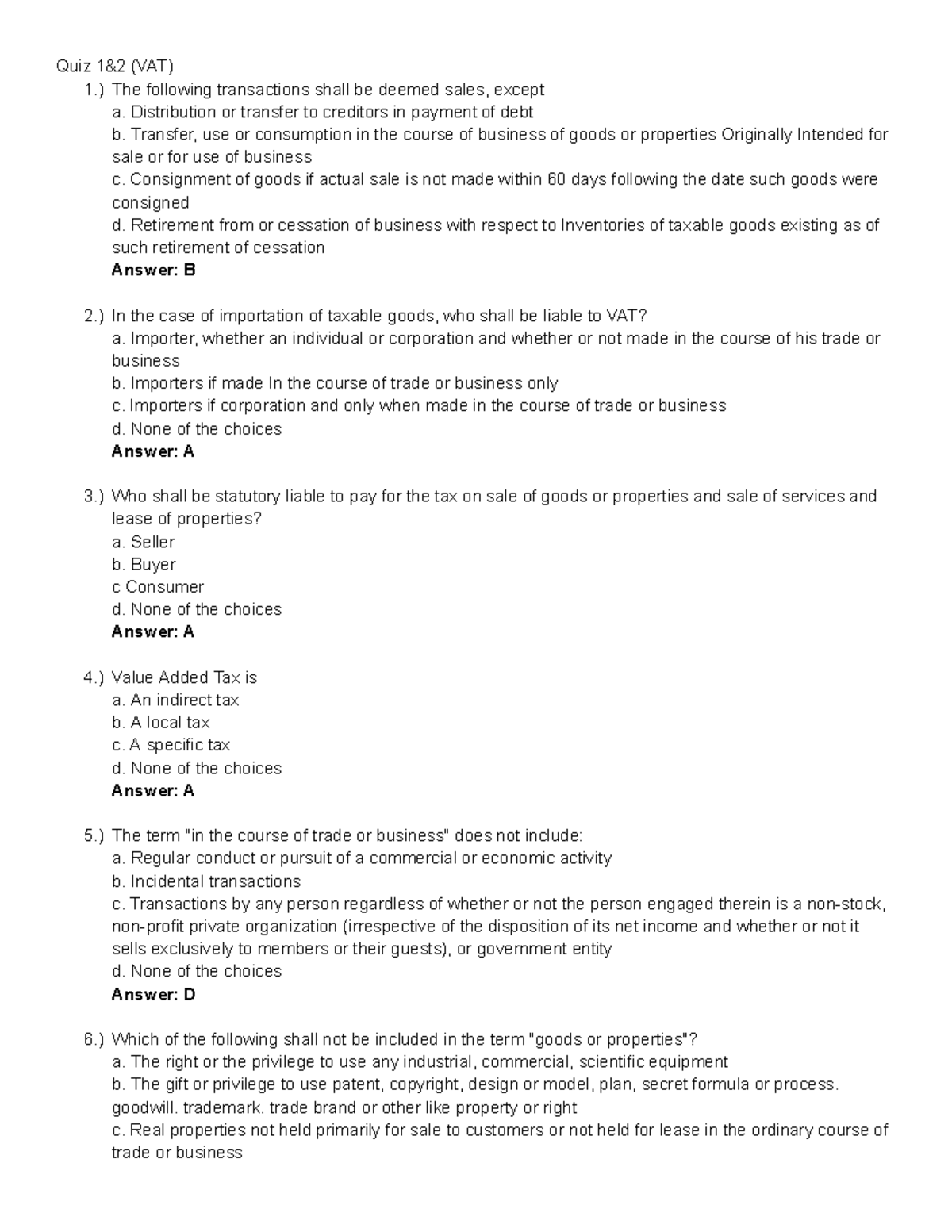 Batax 2 Reviewer: VAT Quiz and Case Studies on Taxation - Studocu