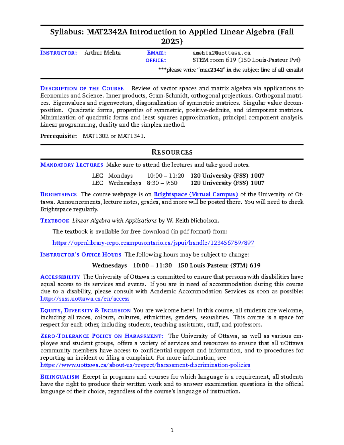 Syllabus for MAT2342A: Introduction to Applied Linear Algebra (Fall 2025) - Studocu