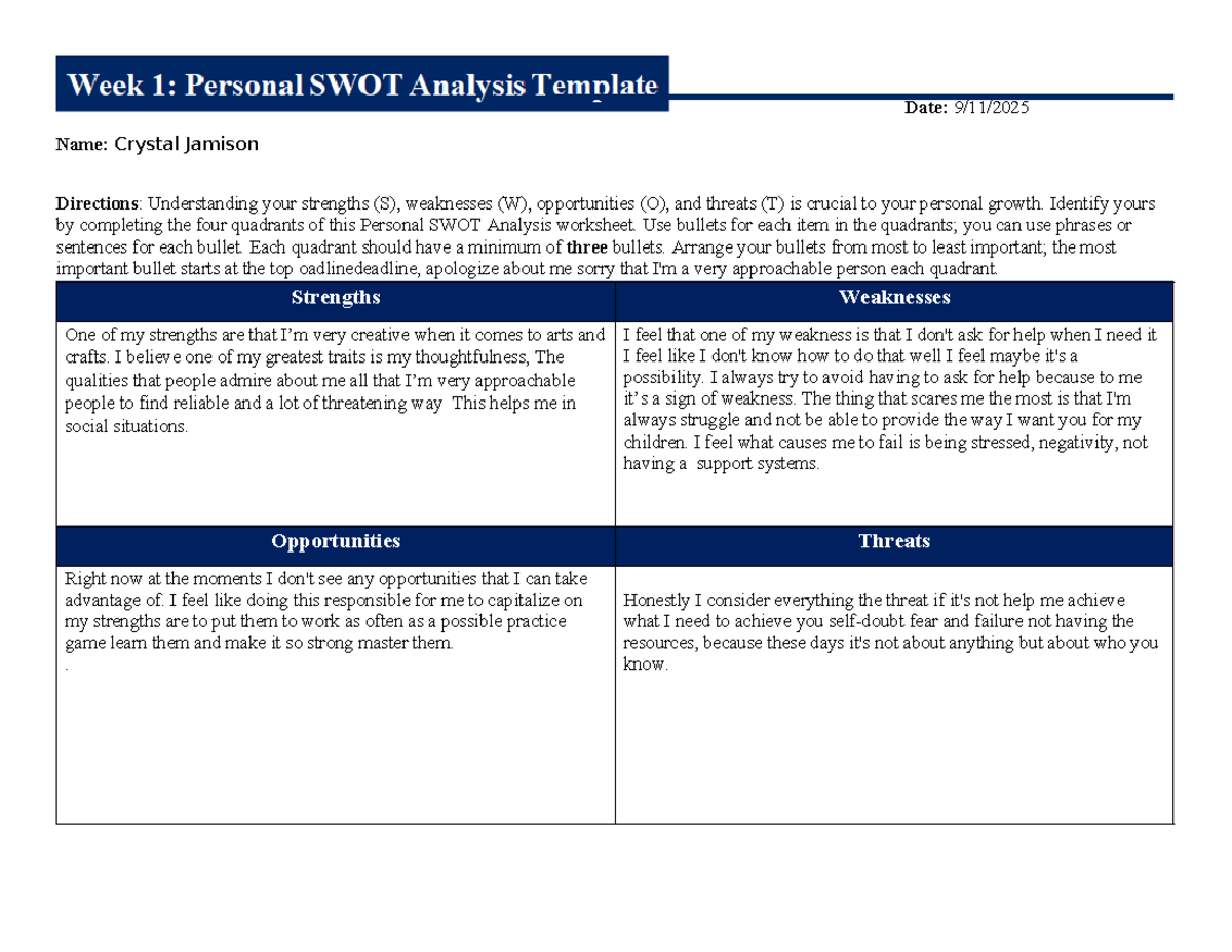 Gen 101 Week 1: Personal SWOT Analysis Worksheet - Studocu