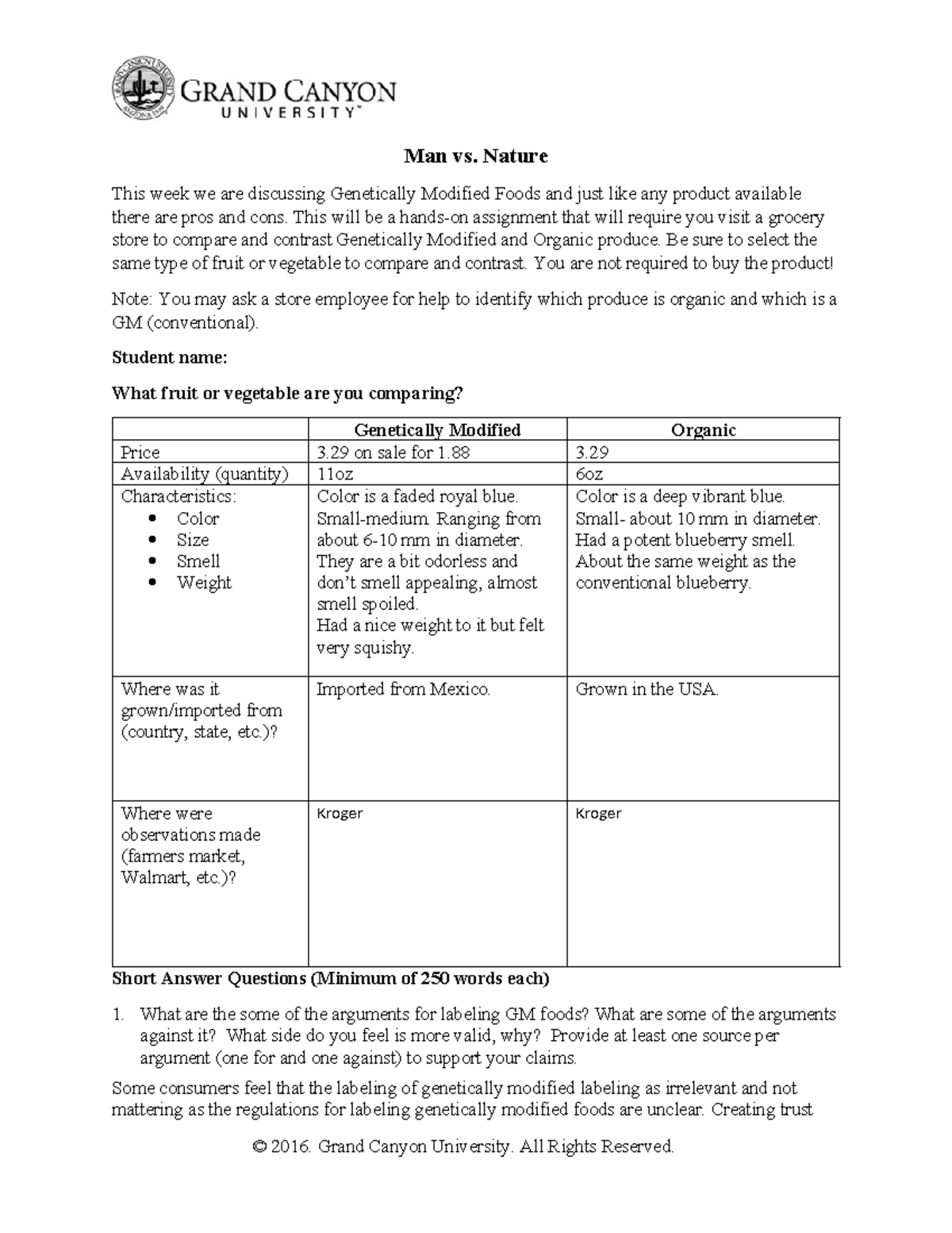 BIO 220 RS Assignment: Genetically Modified vs. Organic Foods - Studocu