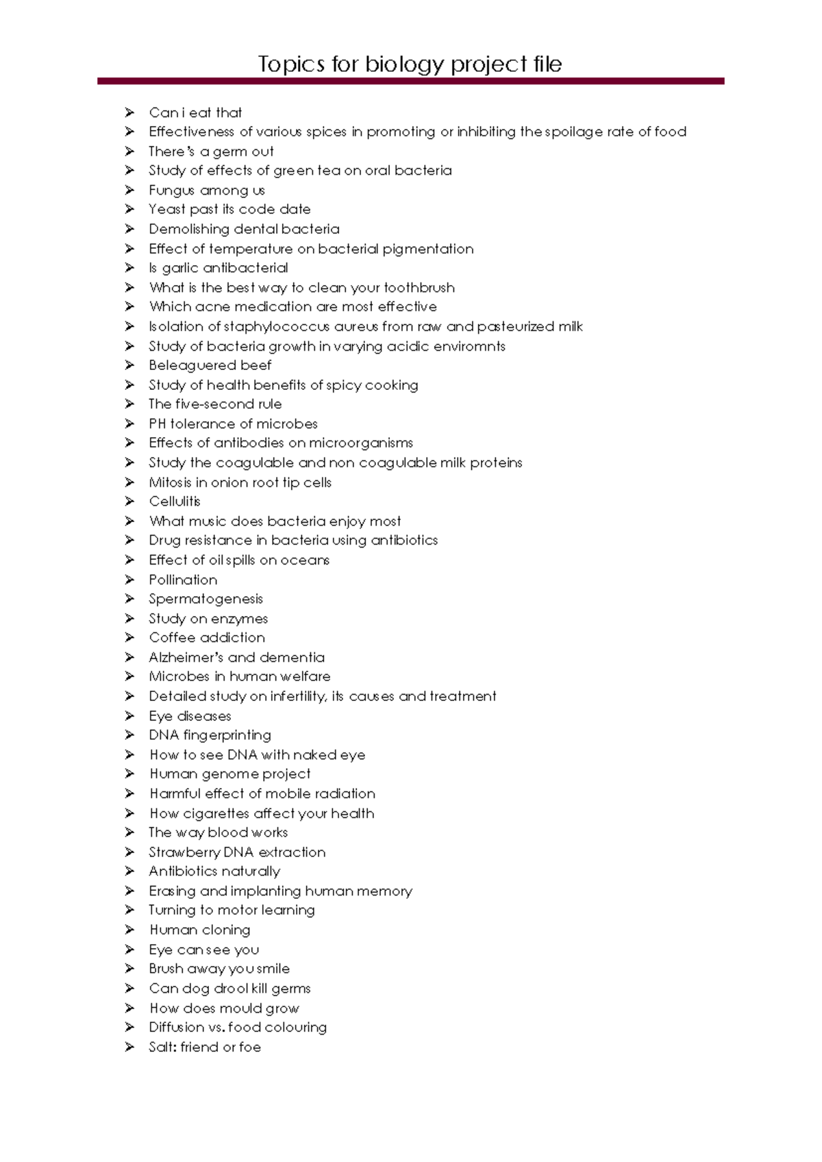 Biology Project Topics for Exploration and Research (BIO 101) - Studocu