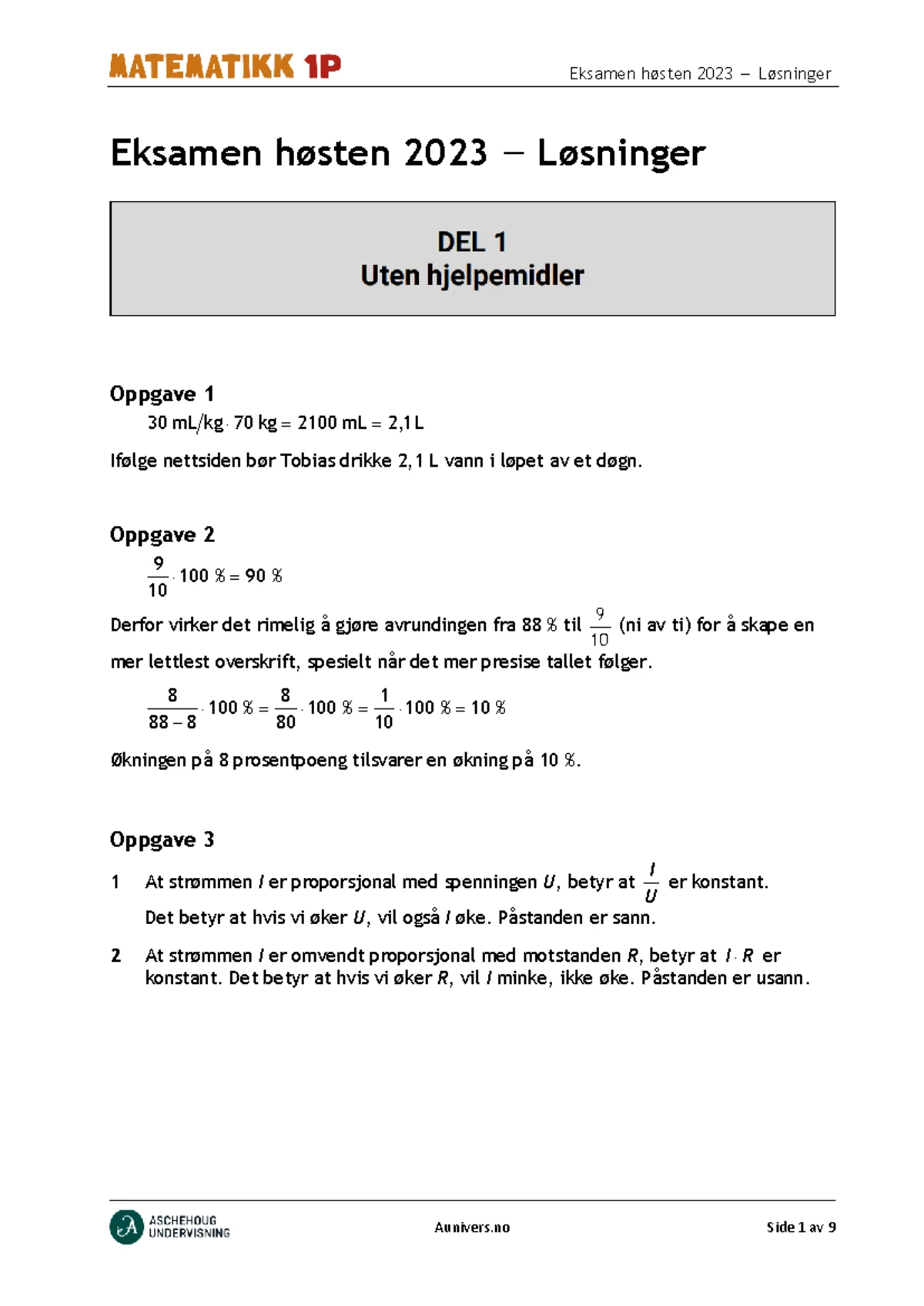 Funksjoner og Modellering 1P: Oppgaver og Løsninger til 3.1-3.2 - Studocu