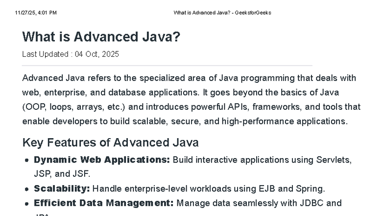 Advanced Java Overview: Key Features & Technologies - Studocu