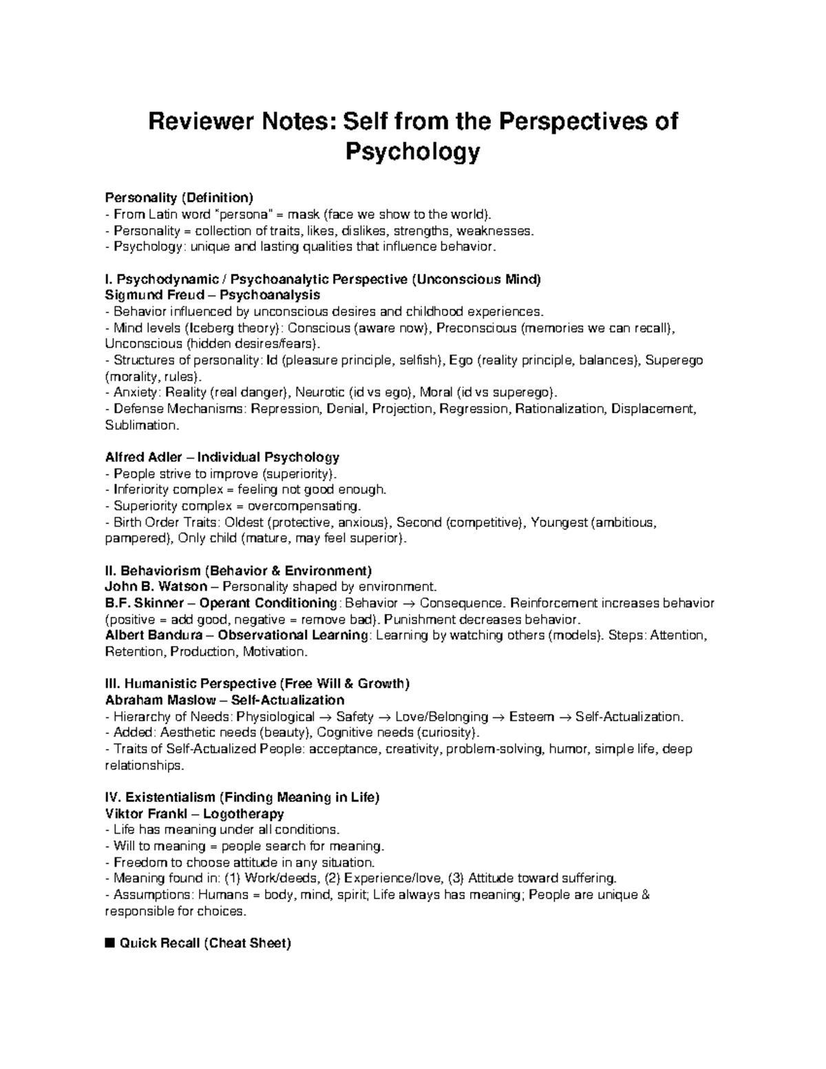 Psychological Perspectives Reviewer Notes: Key Theories & Concepts ...