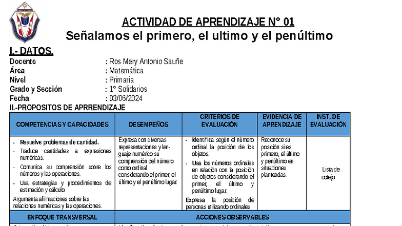 Matemática - Actividad de Aprendizaje: Primero, Último y Penúltimo ...
