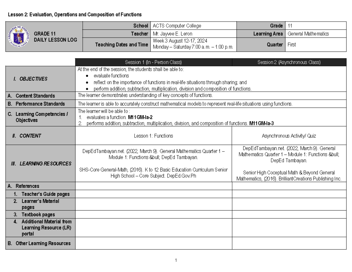 Grade 11 General Math Lesson 2: Evaluating & Composing Functions - Studocu