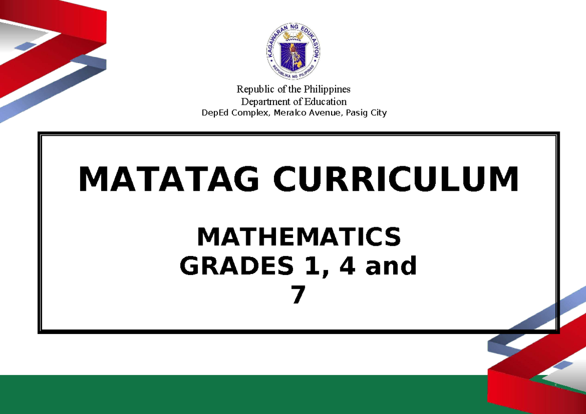 Matatag Curriculum: Mathematics Framework for Grades 1, 4, and 7 - Studocu