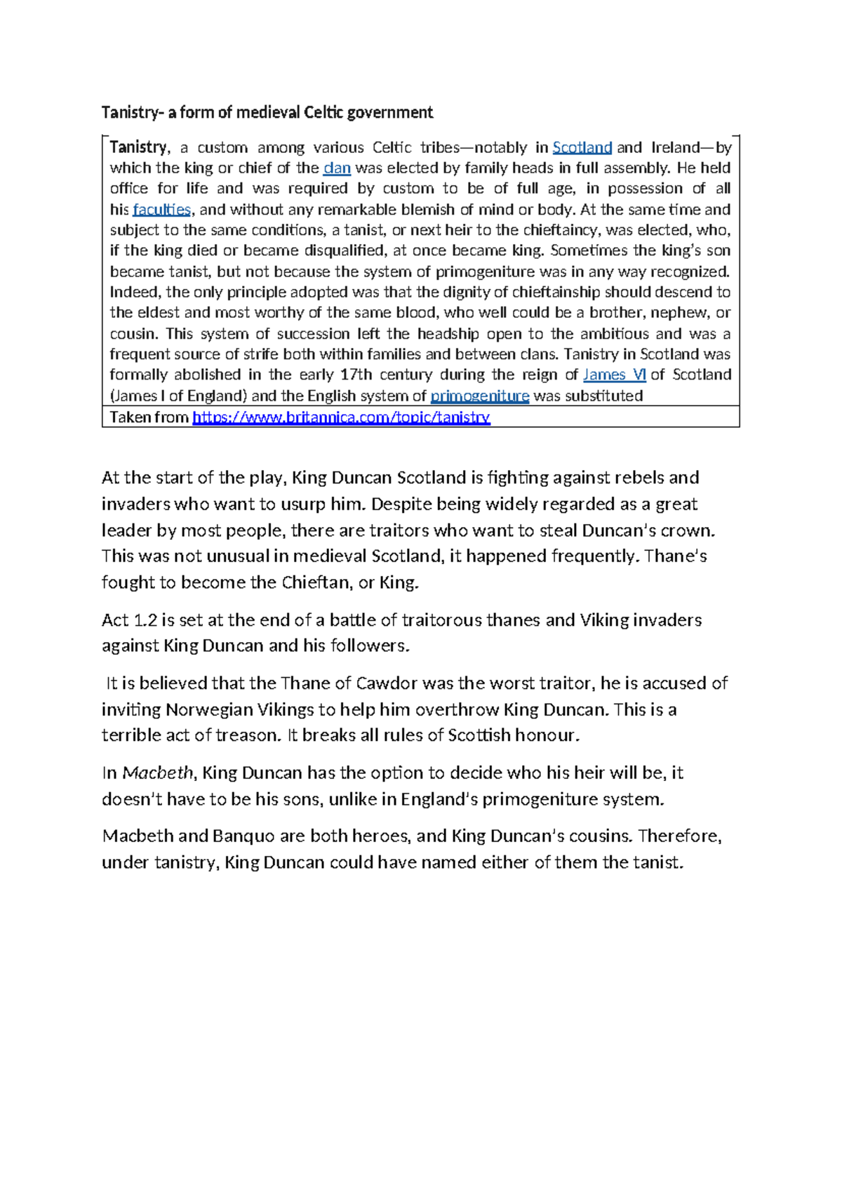 Tanistry and Its Role in Macbeth's Succession (ENG 101) - Studocu