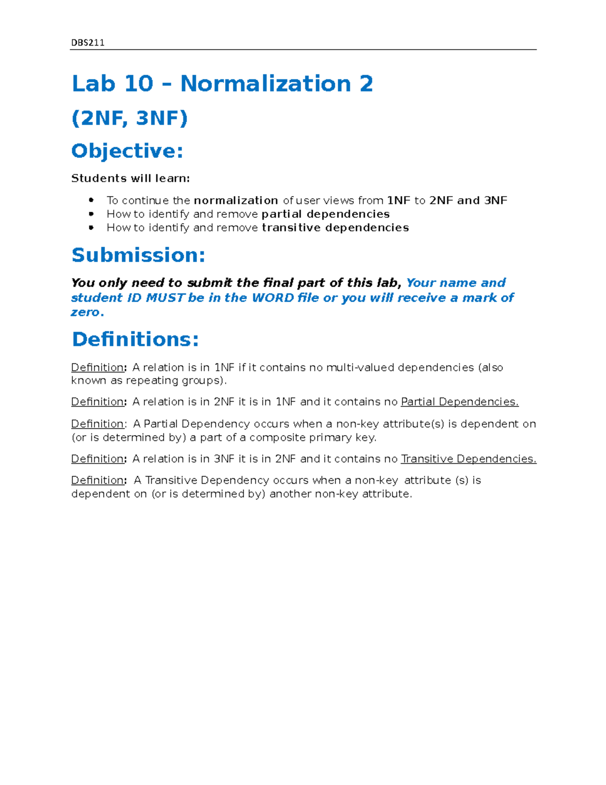 DBS211 Lab10 Normalization 2 - DBS Lab 10 – Normalization 2 (2NF, 3NF ...