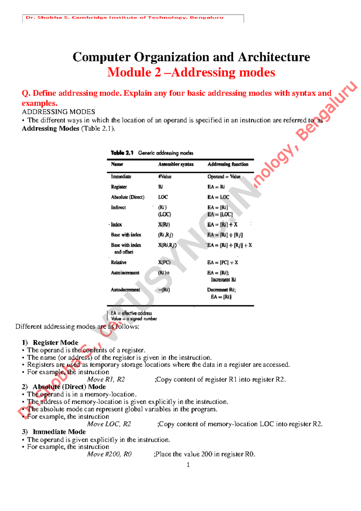 Module 2 - Addressing Modes in Computer Organization and Architecture - Studocu