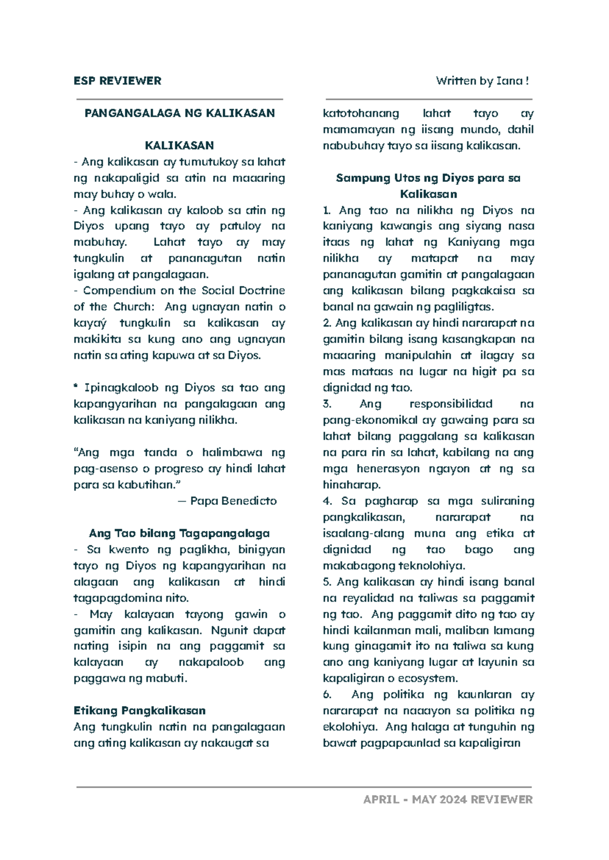 Q4 ESP 10 Reviewer - Kalikasan at Katotohanan ng Tao - Studocu