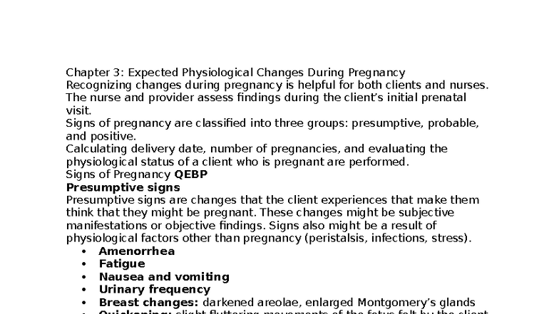 Chapter 3: Physiological Changes During Pregnancy - QEBP Insights - Studocu