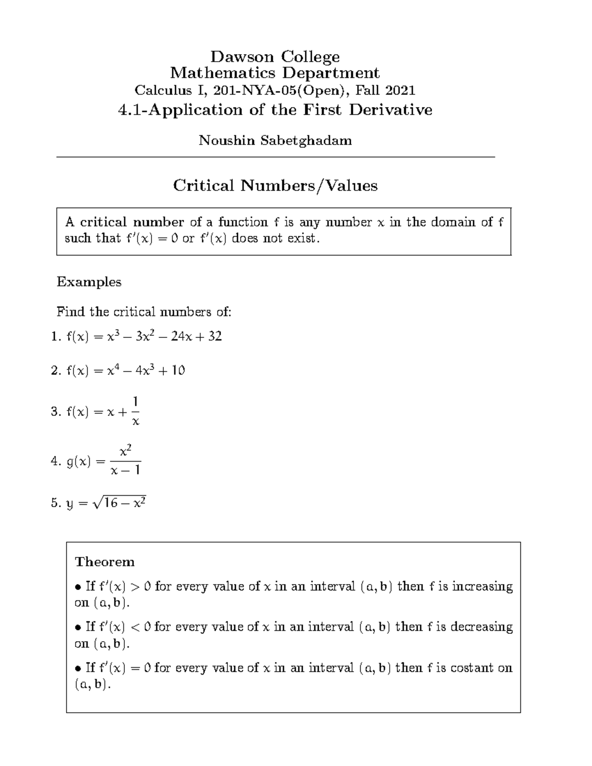 Calculus I (MATH 101) - First Derivative & Critical Numbers Notes - Studocu