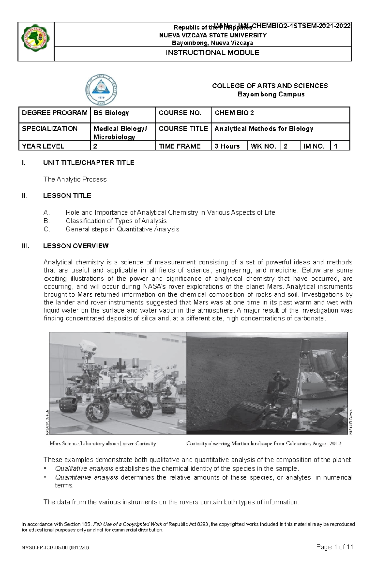 Module 1: CHEM BIO 2 - Analytical Methods for Biology Overview 1st Sem ...