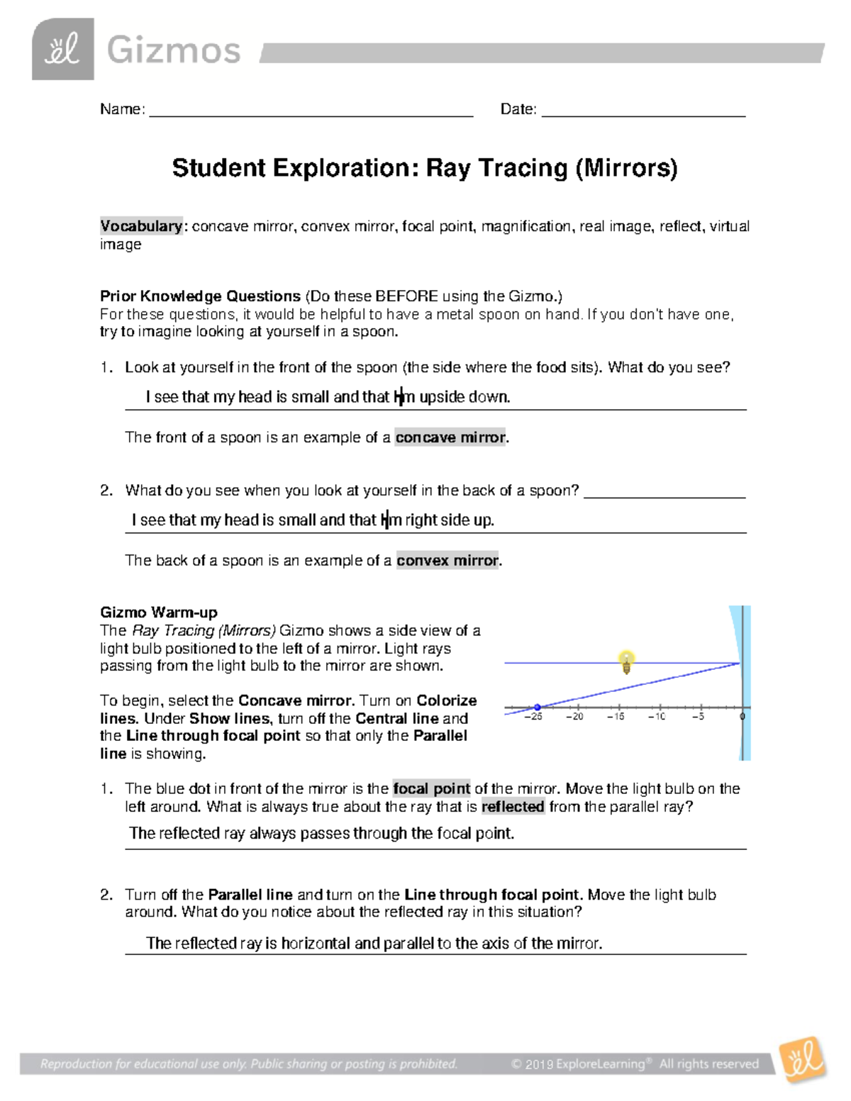 Ray Tracing Mirrors SE - answer to worksheet - Name