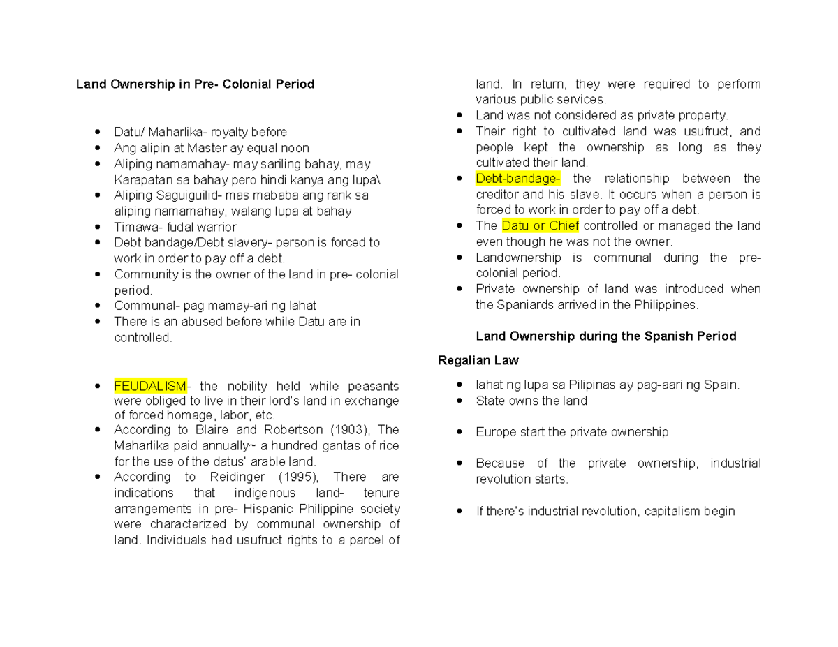 RPH - Land Ownership in Pre- Colonial Period - Land Ownership in Pre ...