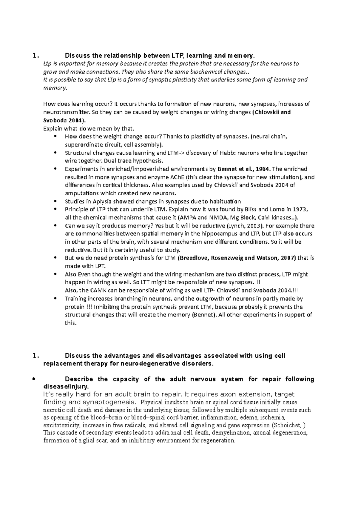 Exam summary answers - 1. Discuss the relationship between LTP ...