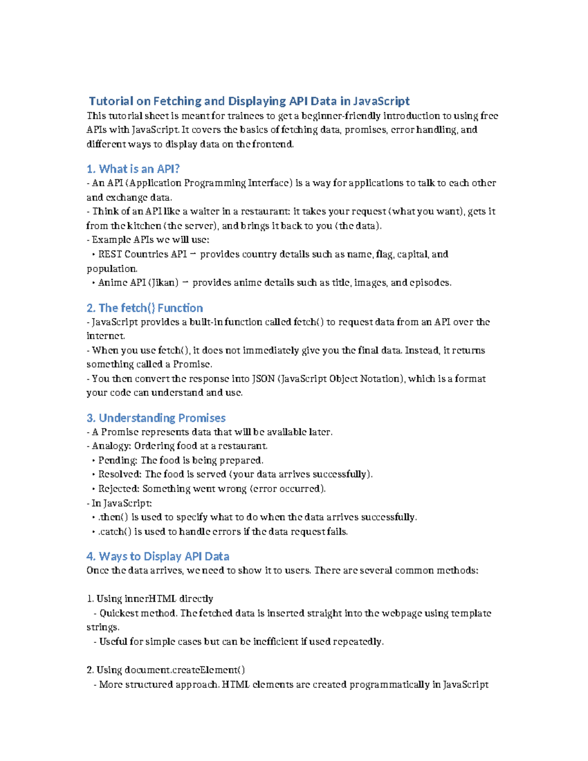 API Tutorial JS: Fetching & Displaying Data in JavaScript - Studocu