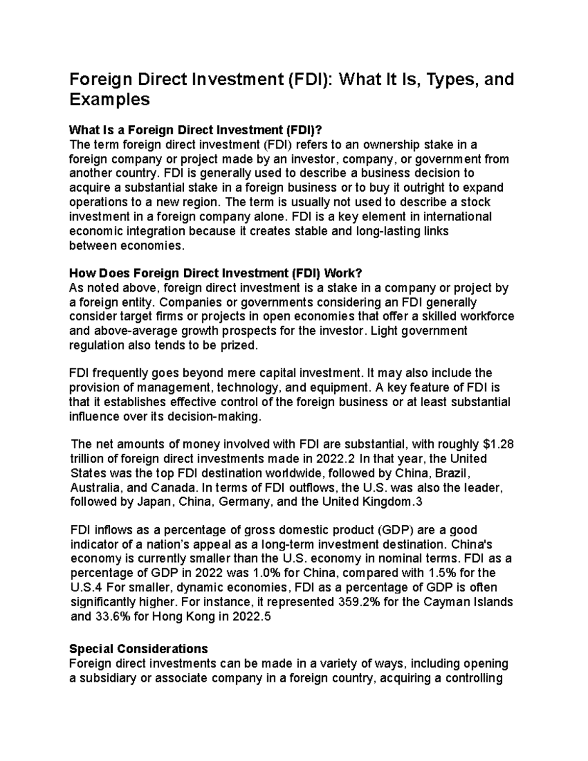FDI: Understanding Foreign Direct Investment, Types & Examples - Studocu