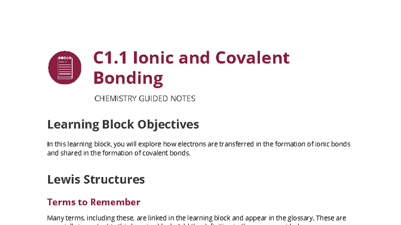 C1.1 Guided Notes on Ionic & Covalent Bonding for Chem 1 - Studocu