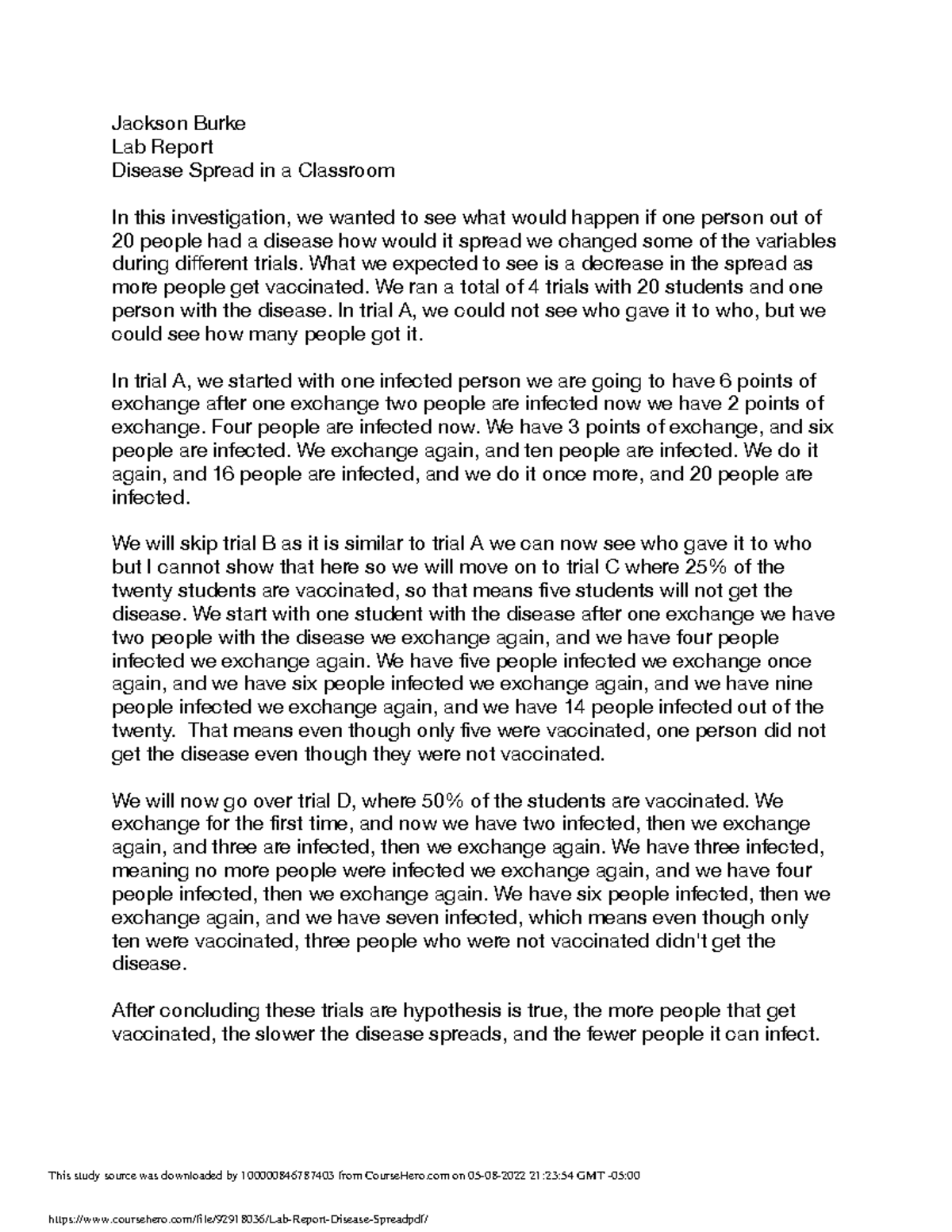 Lab Report Disease Spread - Jackson Burke Lab Report Disease Spread in ...