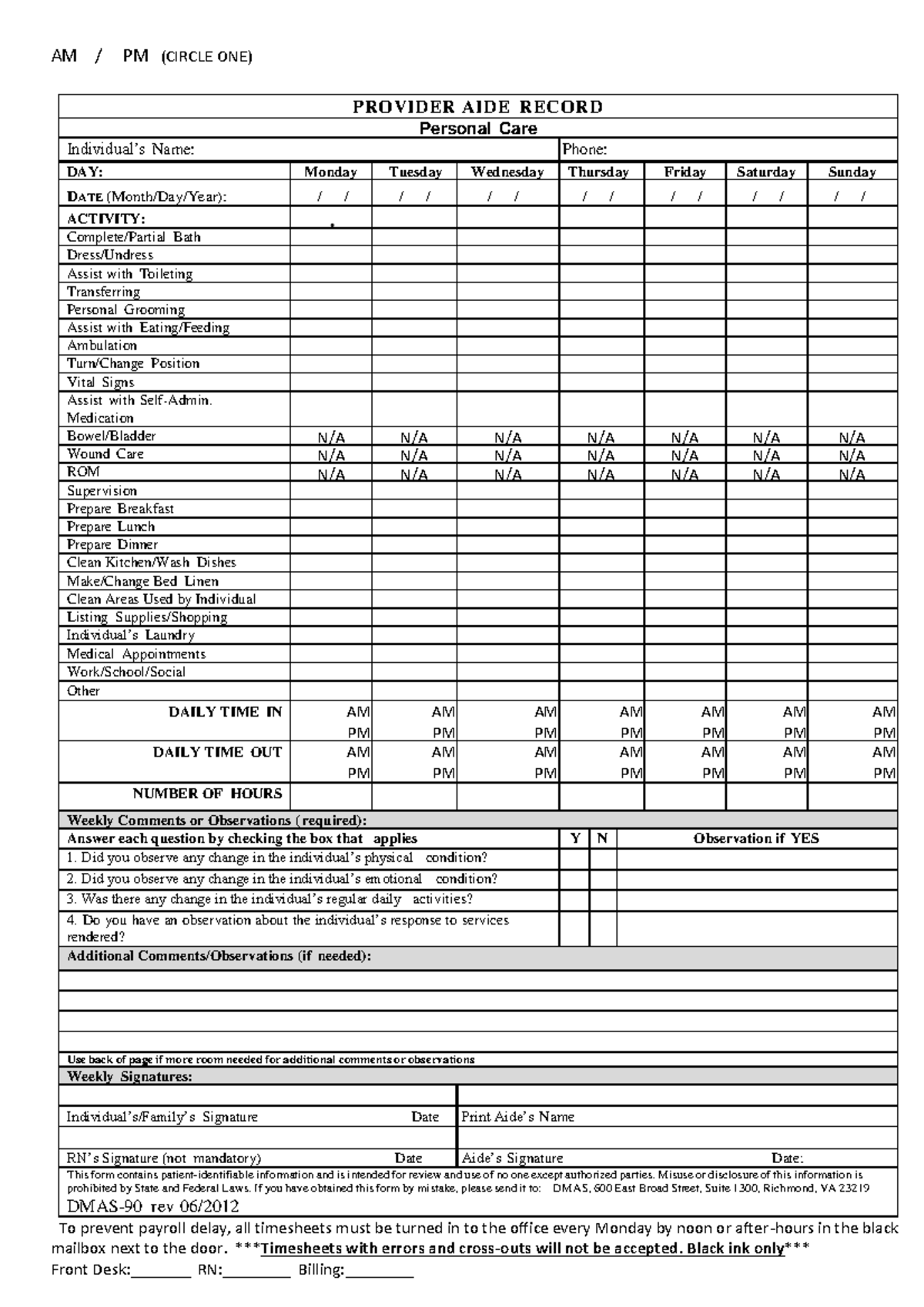DMAS-90 Weekly Personal Aide Timesheet Record Form - Studocu