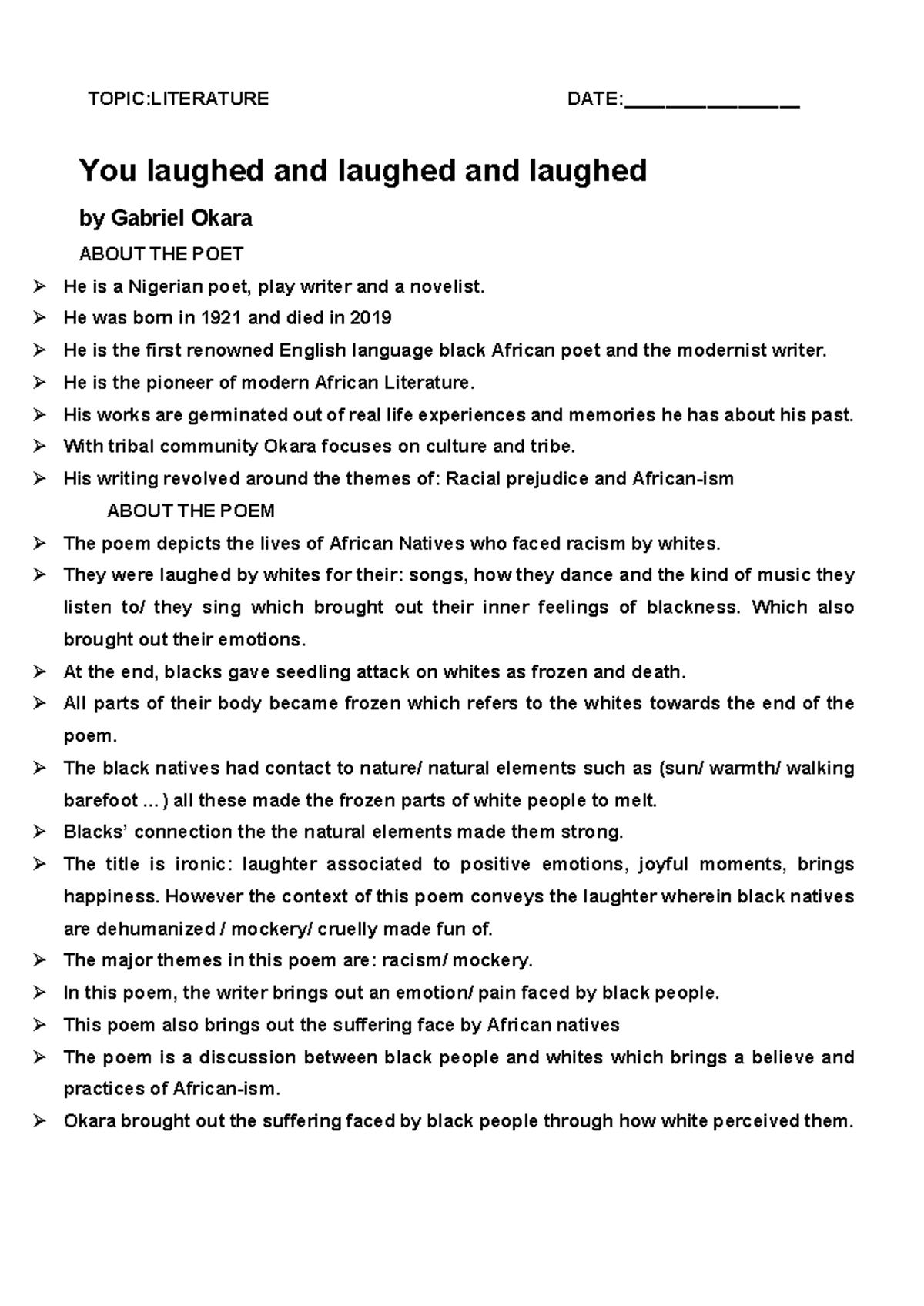 LIT 101: Analysis of Gabriel Okara's "You Laughed and Laughed" - Studocu