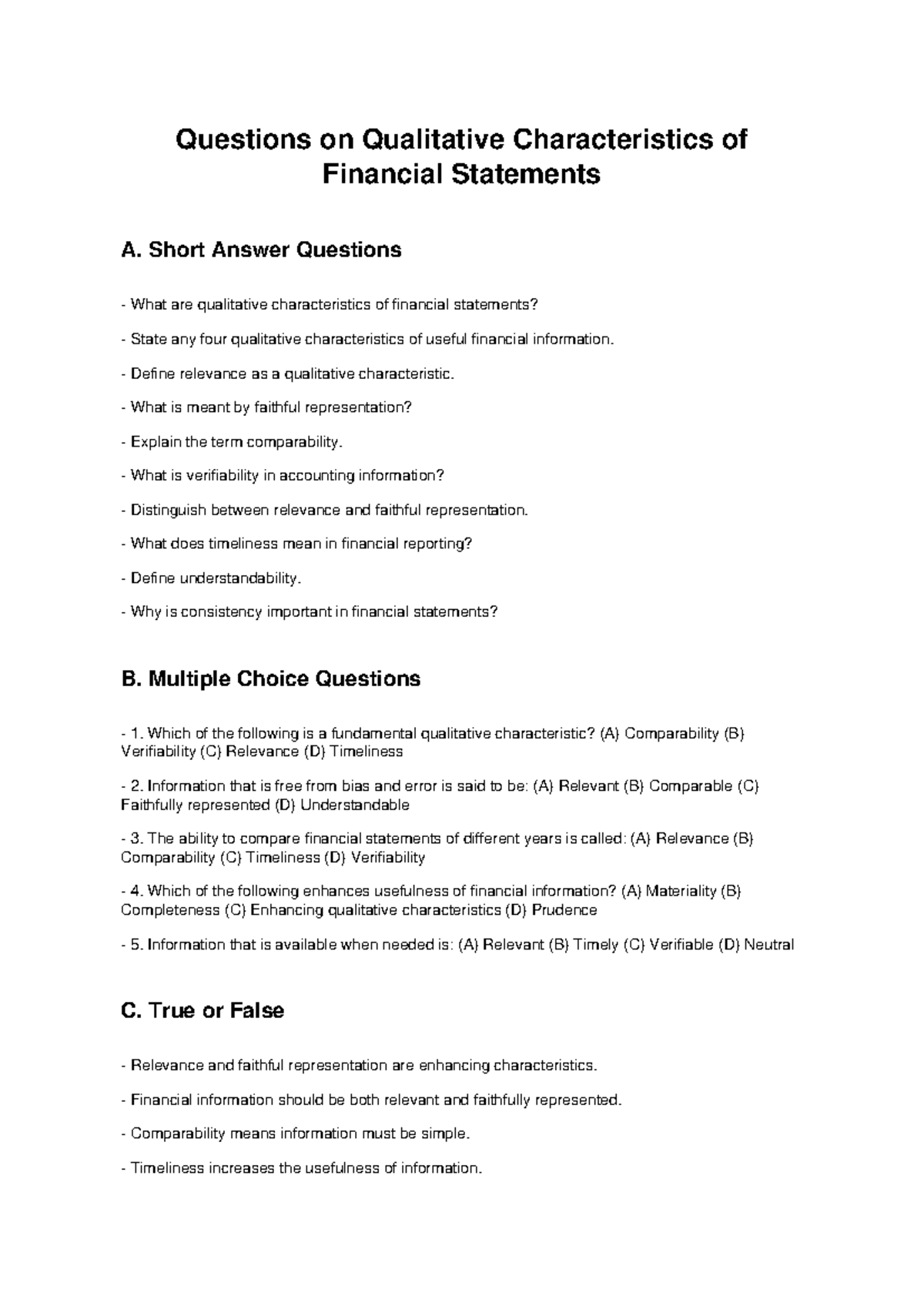 Qualitative Characteristics of Financial Statements: Q&A Guide - Studocu